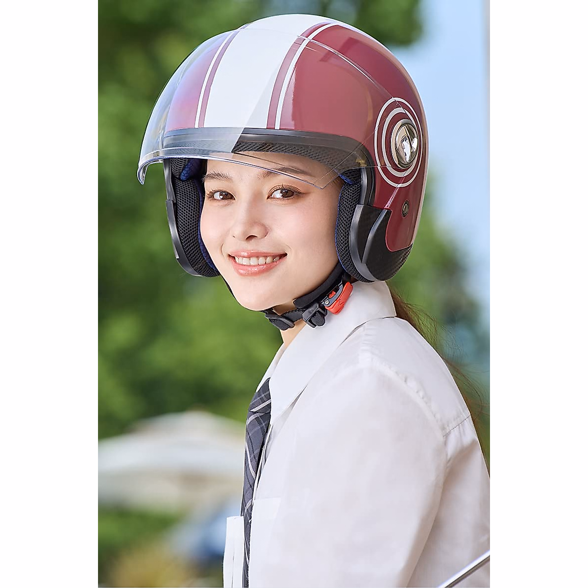 Cool Girl Open Face Motorcycle Helmet, Men Women Retro Electric Motorbike Half Helmet with Long Sun Visor, DOT Approved Vespa Scooter Adults 3/4 Sunscreen Breathable Four Seasons Helmet -M-54-64CM