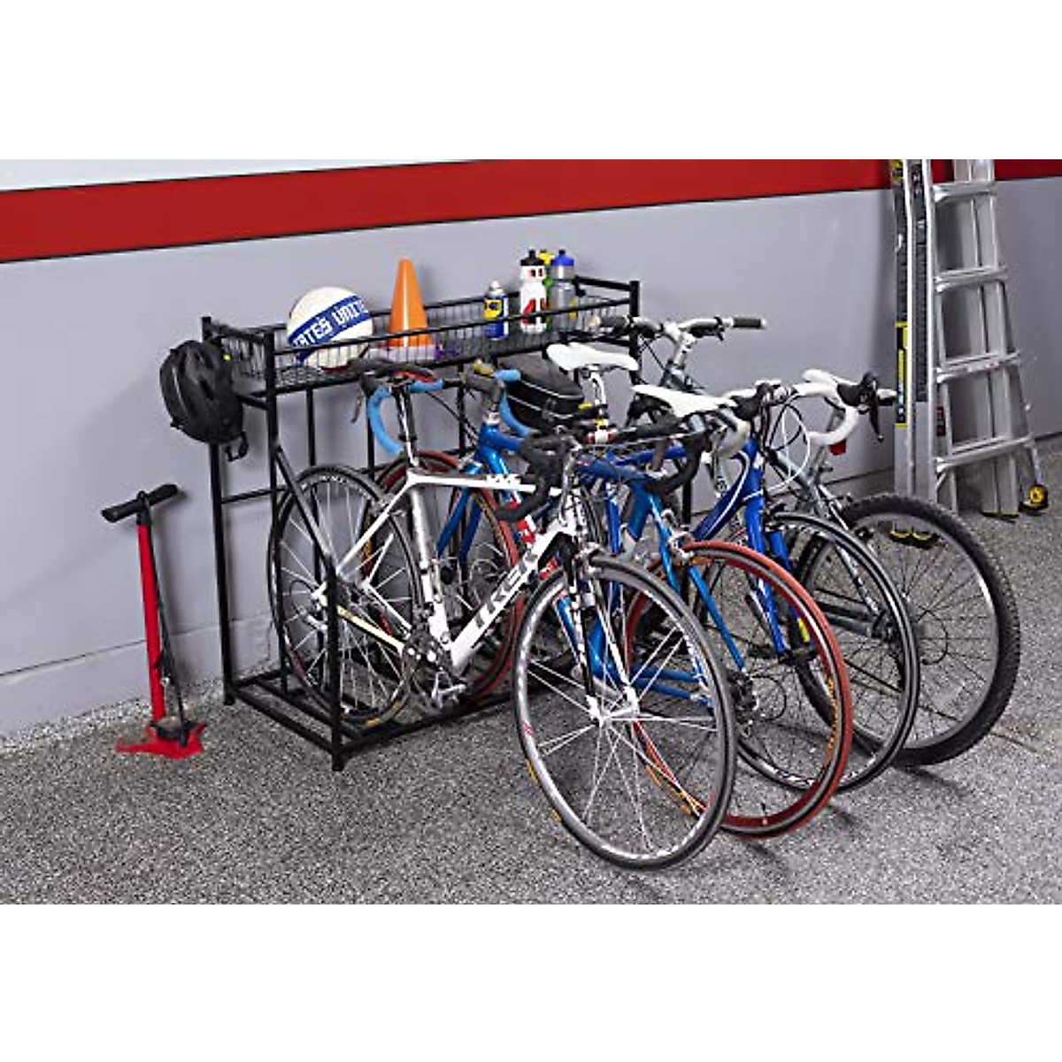4 Bike Stand Rack with Storage – Great for Parking Road, Mountain, Hybrid or Kids Bikes – Garage Organizer - Helmet - Sports Storage Station - Black
