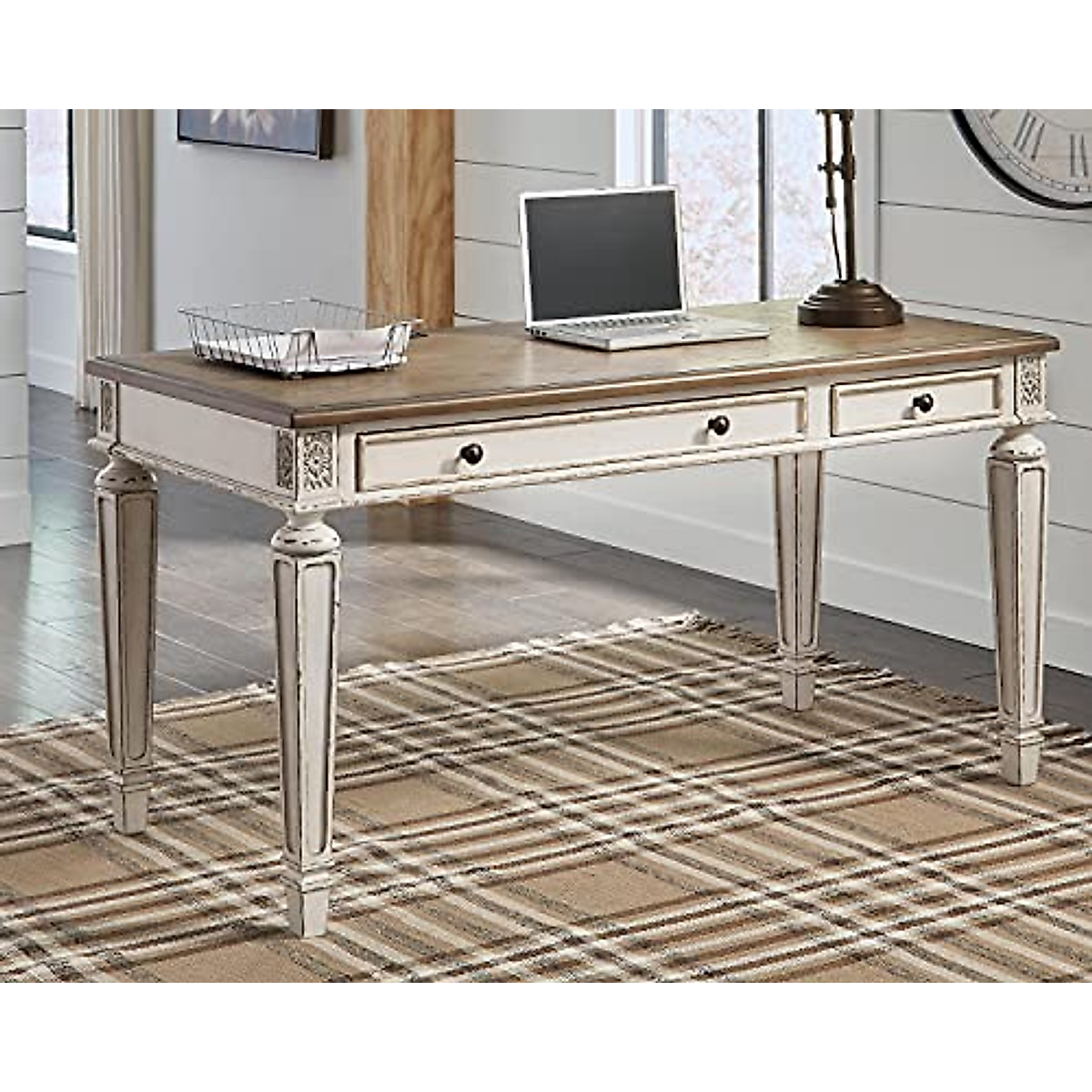 Signature Design by Ashley Realyn Farmhouse 60" Home Office Desk with USB Charging, Chipped White