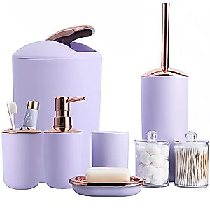8 Pieces Purple Bathroom Accessories Set - Trash Can with Swing Lid,Soap Dispenser,Self Draining Soap Dish,Toilet Brush with Holder,Toothbrush Holder,Mouthwash Cup,Qtip Holder Dispensers