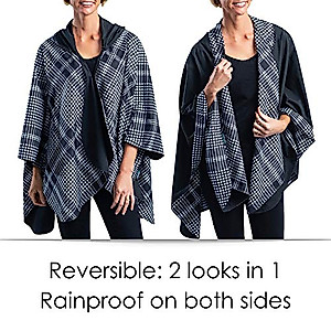 RainCaper Womens Rain Cape Poncho Coat Jacket with Hood Reversible Gorgeous Ultrasoft (Choose your Color) (Black & B&W Houndstooth Plaid)