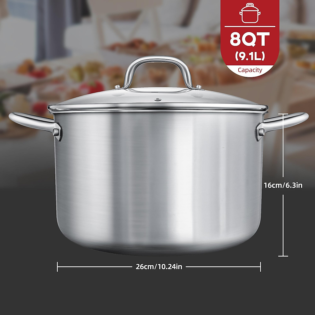 Buttermelt 8 Quart Tri-Ply Stainless Steel Stockpot with Tempered Glass Lid - Exceptional Heat Distribution for Delicious Soups, Stews, and More (8 QT, Glass Lid)