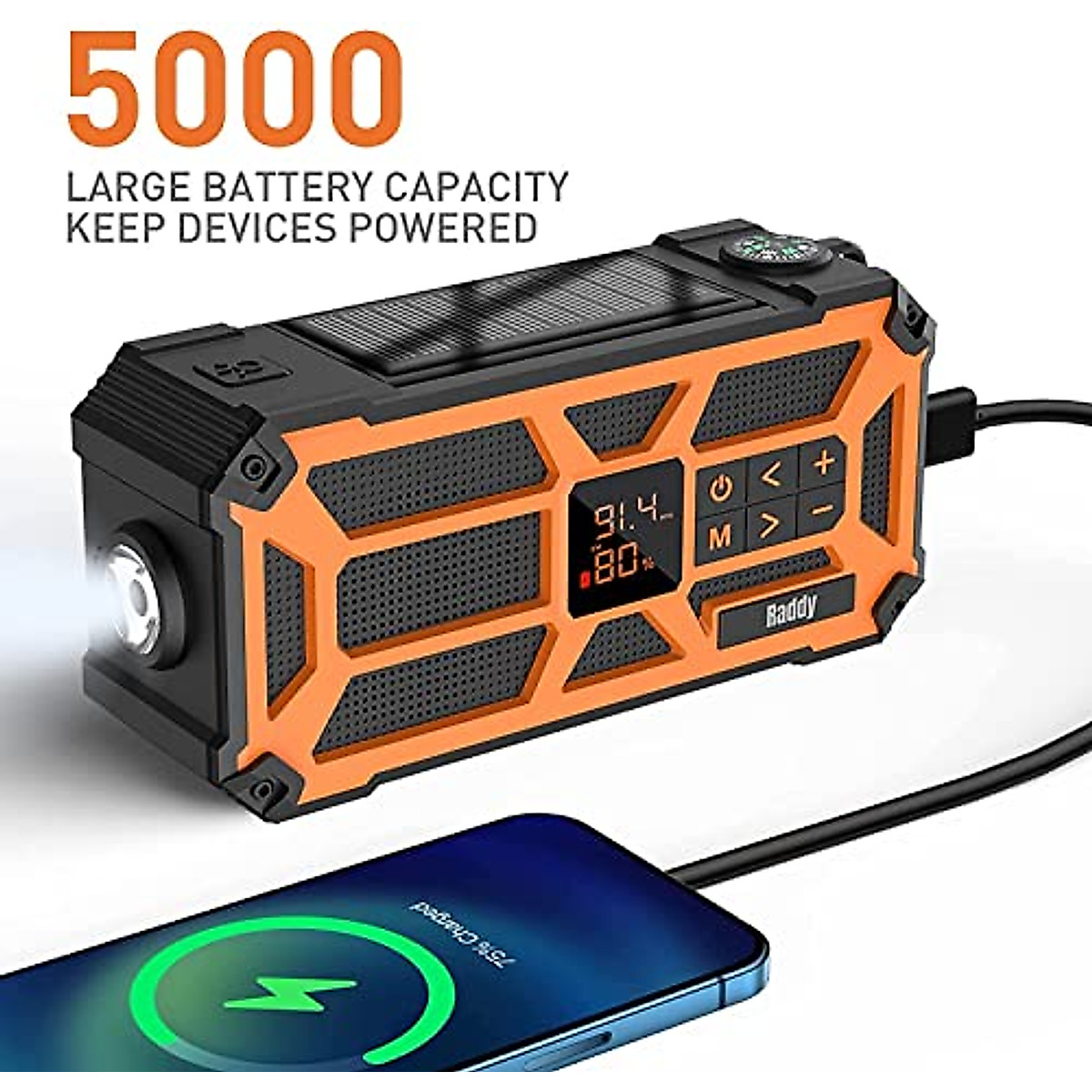 [5000mAh Waterproof] Raddy SW5 Emergency Radio, IPX5 Rechargeable Battery Hand Crank Solar Power Bank, with NOAA Weather Alert AM FM, Flashlight Compass for Power Outage Hurricane Outdoor