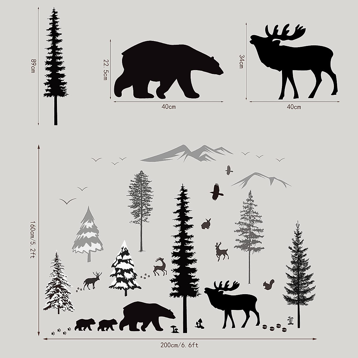 Woodland Nursery Decor Tree Wall Decals Mountain Forest Animal Bear Deer Wall Stickers Forest Wall Mural Sticker Removable Wall Decals for Kids' Room Bedroom Nursery Living Room