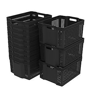 Drephia 12 Pack Large Storage Plastic Basket, Stacking Organizer Bins, 14.17" x 10.70" x 7.12", Black