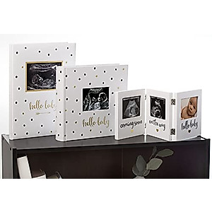 Pearhead Hello Baby Photo Album, Baby Book Keepsake for New and Expecting Parents, Gender-Neutral Baby Accessory, Holds 200 Photos, Black and Gold Polka Dot