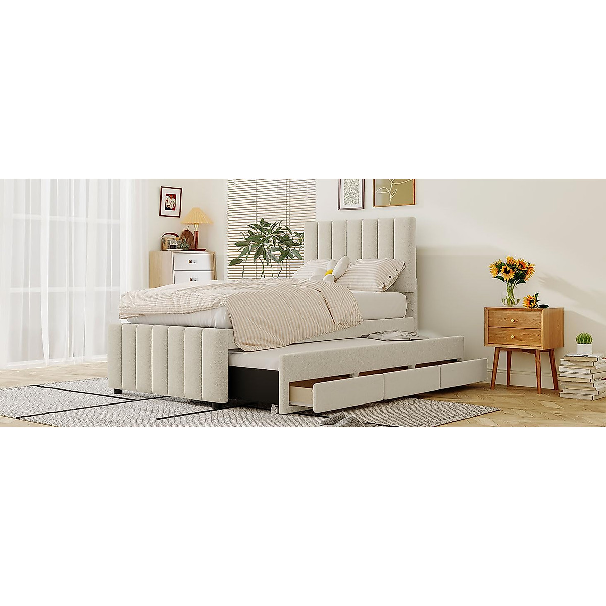 HABUHOME Upholstered Platform Bed, Twin Size Wooden Bed Frame with Pull-Out Twin Size Trundle and 3 Drawers, Wood Slat Support, No Box Spring Needed, Linen Fabric, Beige