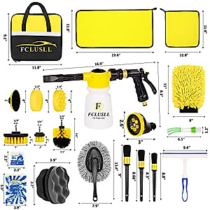FCLUSLL 27Pcs Car Wash Kit with Foam Gun Sprayer, Car Cleaning Kit with 6 in 1 Adjustable Nozzle Drill Brush Set Tire Polishing Applicator Pad Wash Mitt Towel, Quick Connects to Most Garden Hose