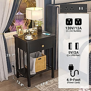Hoiplu Black Nightstand with Charging Station Set of 2, Bamboo Night Stand Bedside Table with 2 USB Port and Outlet, Real Wood End Table Farmhouse Side Table with Drawer for Bedroom, Living Room
