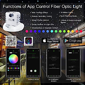 AKEPO 32W RGBW APP+Twinkle+Music Control Fiber Optic Lights Kit Star Ceiling Sky Light, 400pcs of Mixed Φ (0.75+1+1.5+2mm) 13.1ft/4m Optical Fiber Cable and Crystals for Car & Media Movie Room Decor