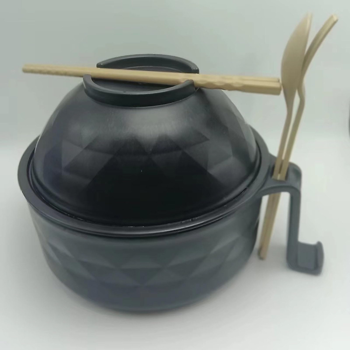 Microwave Ramen Bowl Cooker Set - Wheat Straw Instant Noodles Bowl with Handles, Ramen Noodle Cooker with Spoon Chopsticks Fork, College Dorm Room Apartment Essentials (Black)