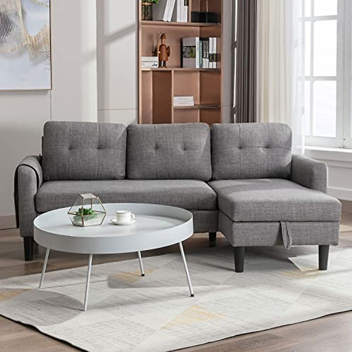 GNIXUU Pull Out Couch, Small Sectional Sleeper Sofa Bed with Storage Chaise, Convertible 3 Seater L Shaped Couch for Living Room, Grey