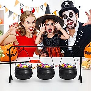 Rocinha Halloween Candy Bowls Decoration, 3 Pcs Witches Cauldron Serving Bowls with Iron Rack, Black Plastic Hocus Pocus Candy Bucket for Halloween Party Indoor Outdoor Home Kitchen Decorations