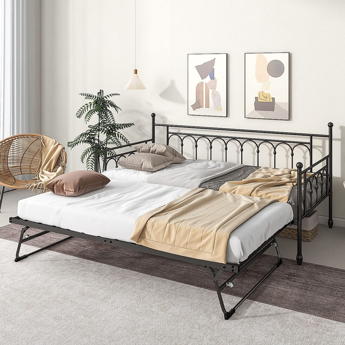 kuurfuurdo Twin Daybed with Trundle, Metal Daybed with Pop Up Trundle, Day Bed with Trundle Bed Twin, Steel Slat Support Sofa Bed for Kids Teens Adults Living Room, No Box Spring Needed