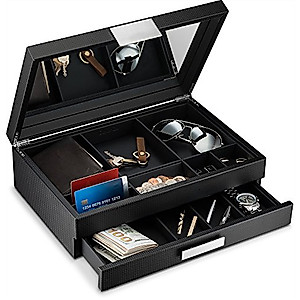 Glenor Co Mens Valet/Dresser Organizer - Luxury 12 Slot Jewelry Accessories Box, Carbon Fiber Design, Drawer Tray, Metal Buckle & Large Mirror for Men’s Watches, Sunglasses, Wallet… Pu Leather Black