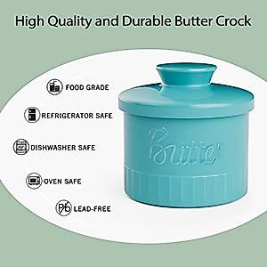 Ceramic Butter Crock, French Butter Dish with Lid for Kitchen Counter, Large Porcelain Butter Keeper with Water Line, Farmhouse Country Style Butter for refrigerator Storage Container, Aqua