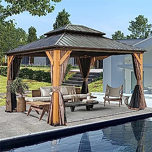 RITSU 12'x14' Gazebo, Hardtop Cedar Wood Frame Outdoor Canopy with Galvanized Steel Double Roof, Outdoor Permanent Metal Pavilion with Curtains and Netting for Patio, Backyard and Lawn, Brown
