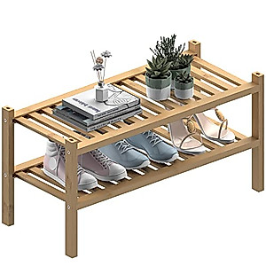 ROMGUAR CRAFT Bamboo Shoe Rack for Entryway, 2-Tier Free Standing Shoe Racks Stackable Shoe Rack Organizer For Hallway Closet Living Room 27 x12 x14 Inches