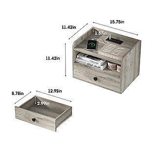 Grey Floating Nightstand Set of 2 with Charging Station and Drawer Small Bedside End Table with Outlet Modern Floating Night Stand for Bedroom Wood Wall Mounted Nightstands Set 2 Grey