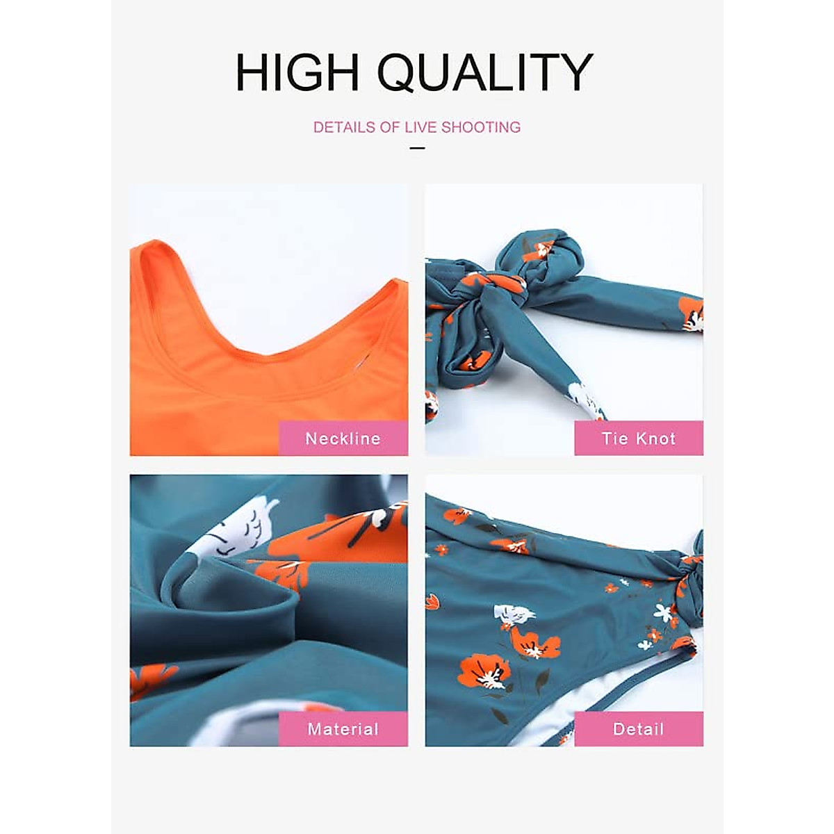 Dokotoo Womens 2 Piece Swimsuit Scoop Neck Sleeveless Racerback Tummy Control High Waisted Tie Knot Flattering Bathing Suits Long Lined Floral Bikini Orange Large