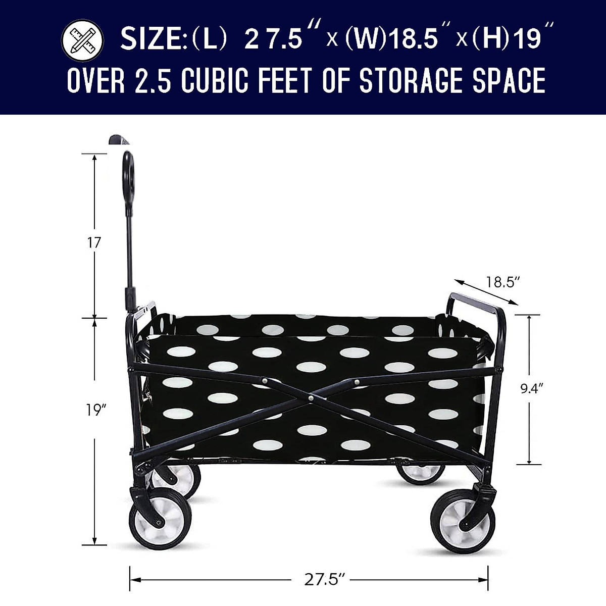 Collapsible Wagon Cart Black and White Polka Dot Foldable Utility Wagon Large Capacity Garden Cart with Push Bar for Beach Camp Outdoor Shopping