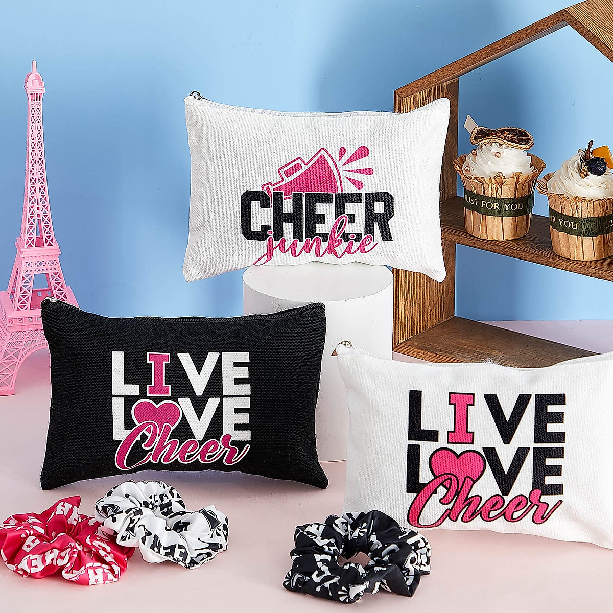 Flutesan 24 Pieces Cheerleader Gifts Bulk Canvas Cheer Bags Makeup Bag, Cheer Scrunchies, and Hair Ties for Girls Women Teammates