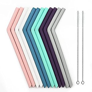 Elyum Set of 12 Reusable Silicone Straws, 10'' Extra Long Silicone Drinking Straws with 1 Bag and 2 Cleaning Brushes Multicolor BPA Free Smoothie Straw for 30oz and 20oz Tumblers (12 Bent)