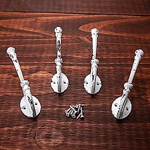 Vintage Cast Iron Wall Hooks (Antique White Finish, Set of 4) - Rustic, Farmhouse, Shabby Chic, French Country Coat Hooks | Great for Coats, Bags, Towels, Hats | Heritage Select