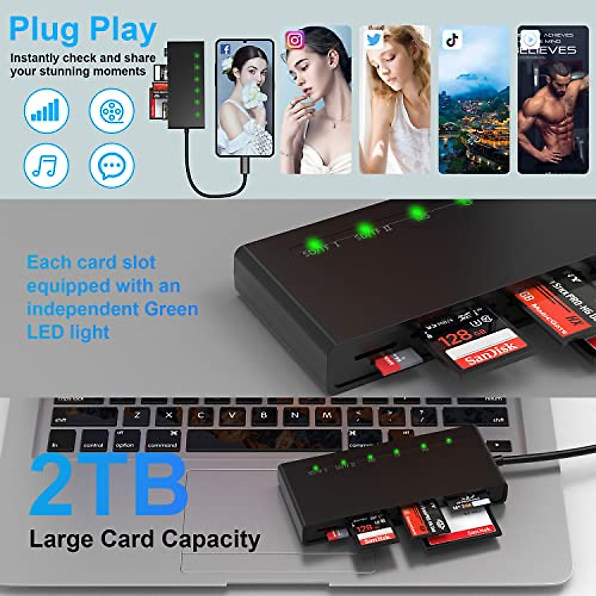 USB C Multi Card Reader, SD/TF/CF/XD/MS Type-C 5Gps High Speed 7-in-1 XD Picture Card Reader for SDXC SDHC TF Micro SD CF MS MMC Card, Sony Memory Stick Pro Duo Adapter Read 5 Cards Simultaneously