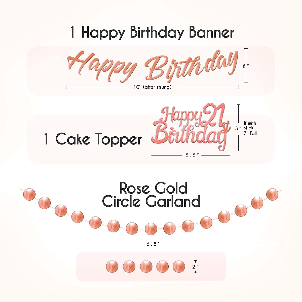 EpiqueOne 41-Piece Rose Gold 21st Birthday Decorations for Women | Includes Happy Birthday Banner, Cake Topper, Tissue Pom Poms & More | Easy to Set Up | Also Ideal for Bridal and Baby Showers & More