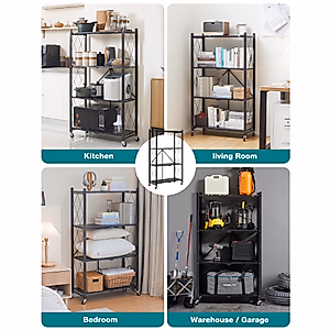 ALANNG Storage Shelves with Wheels, Bookshelf with Storage, No Assembly Metal Rack Shelf for Kitchen, Office, Laundry, Garage (4 Tier, Black)