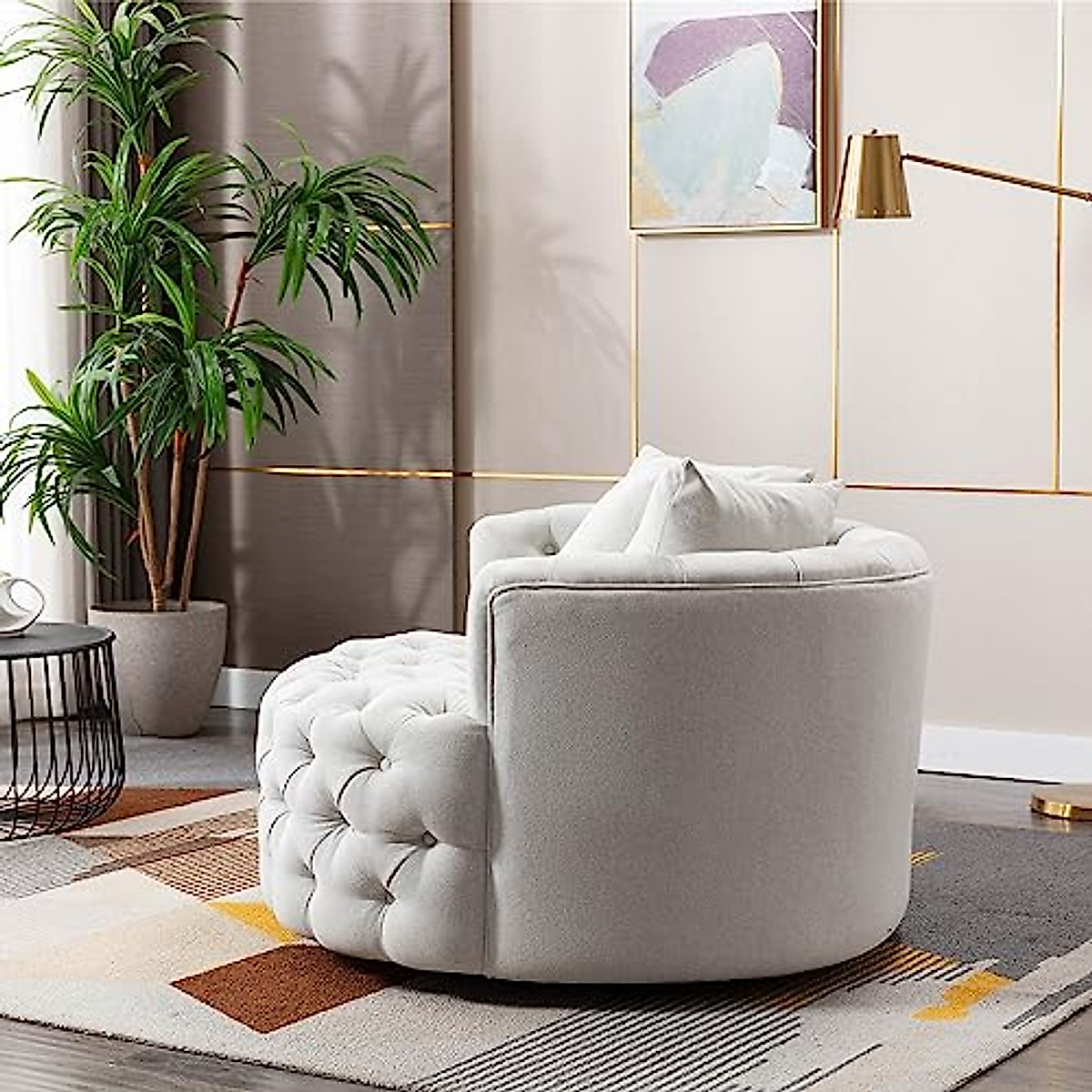 Oversized 360°Swivel Accent Barrel Chair Linen Tufted Comfy Sofachair W/3 Pillows, 42.9"W Leisure Lounge Club Upholstered Armchair Cozy Round Sofa & Chair for Home Apartment Office Hotel Living Room