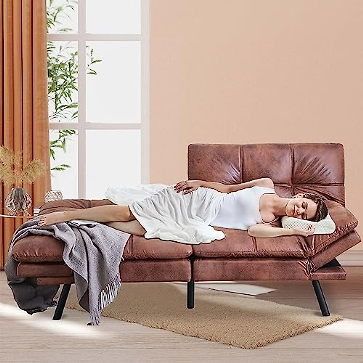 Fangflower Futon Sofa Bed, Faux Leather Memory Foam Couch, Foldable Convertible Sleeper Loveseat, Daybed for Living Room, Brown