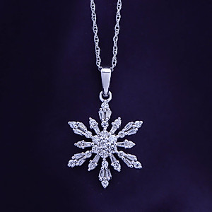 AFFY Baguette & Round White Cubic Zirconia Snowflake Charm Pendant Necklace in 14k White Gold Over Sterling Silver