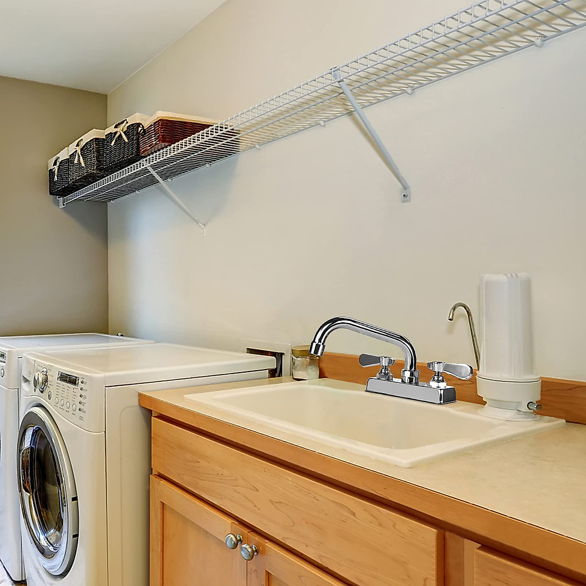 Commercial Bar Sink Faucet 4 Inch Center Deck Mount Bar Sink Faucet 2 Hole Brass Constructed & Chrome Polished with 12" Swivel Spout & Dual Lever Handles