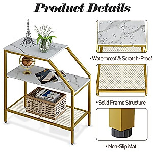 Wolawu End Table 3 Tiers White Marble Wood Nightstand with Storage Ladder Shelf Sofa Side Table for Small Space Modern Trapezoid Furniture Plant Stand in Living Room Bedroom Gold