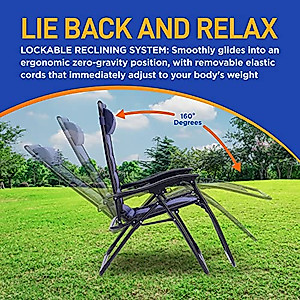 SereneLife Foldable Outdoor Zero Gravity Padded Lawn Chair, Adjustable Steel Mesh Recliners, w/Removable Pillows and Cup Holder Side Tables, One Size, Blue and Black