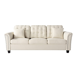 Lepfun Chesterfield, 86.6” Flare Sofa, Tufted 3 Seater Furniture, Velvet Couch with Scroll Arms and Nailhead for Living Room, Bedroom, Office, Apartment (Beige)
