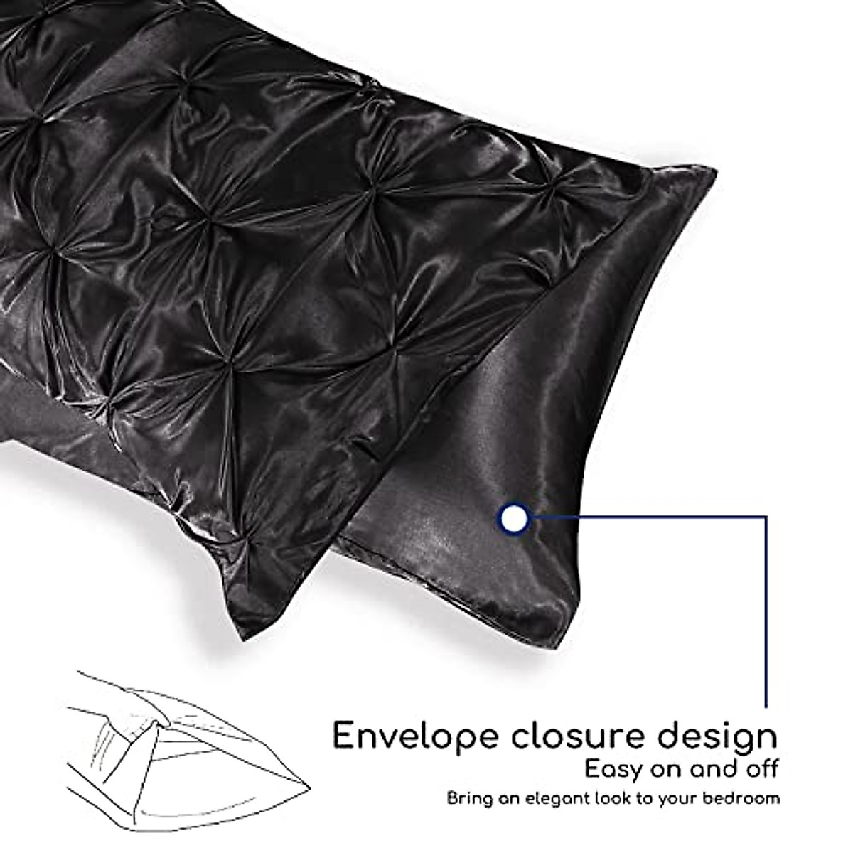 MR&HM Satin Comforter Queen 8 Pieces - Luxurious Pinch Pleat Bedding Set with Comforter, Sheets, Bed Skirt, Pillowcases & Shams, Super Silky Soft Bed Set for All Season (Queen, Black)