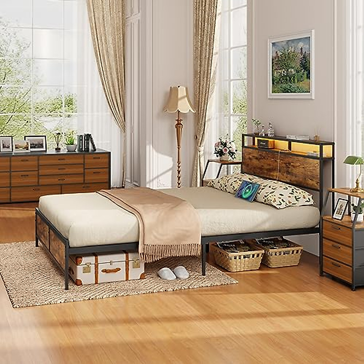 SYING88 Modern Bed Frame with LED Lights and 2 USB Ports Industrial Style,Bed Frame with Headboard/Noise-Free/No Box Spring Required for Bedrooms and Small Apartment(Antique Brown (Queen)