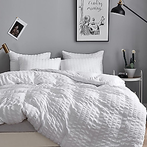 BEDCOLOR Duvet Cover Twin Size - Reversible Seersucker Texture Duvet Cover Set with Zipper Closure, White Bedding Set, 2 Pieces, 1 Duvet Cover 68"x90" with Inner Ties and 1 Pillowcase 20"x26"
