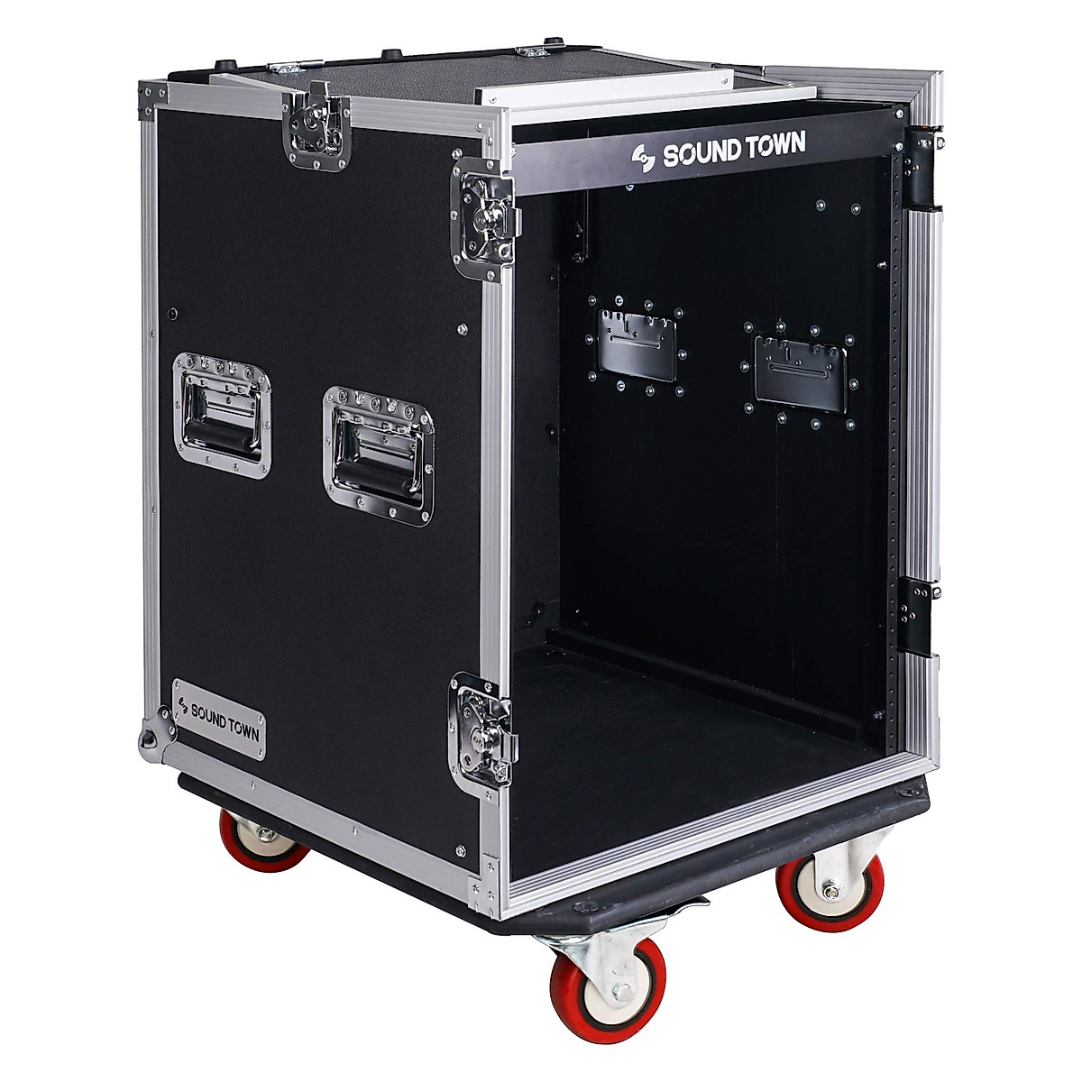 Sound Town 14U PA DJ Rack/Road ATA Case with 11U Slant Mixer Top, 20’’ Rackable Depth, DJ Work Table and Casters, 14 Space Size, Pro Tour Grade (STMR-14UWT)
