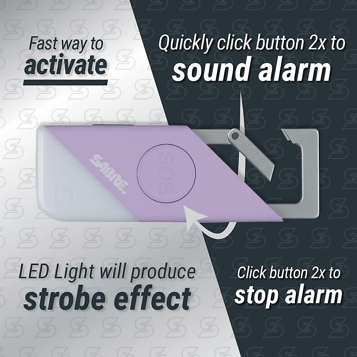 SABRE 2-in-1 Personal Alarm with LED Light & SOS Button, 130dB Siren Heard from 1,800-foot (500-meter), Carabiner Clip for Easy Carry on Backpacks & Purses, Rechargeable with Charging Cord Included
