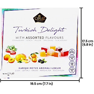 Cerez Pazari Turkish Delight Candy With Assorted Flavors, Gourmet Medium Size Snacks Gift Box, Sweet Luxury Traditional Confectionery Loukoumi, Vegan Lokum, Approx. No Nuts, 42 Pcs, 16 oz.