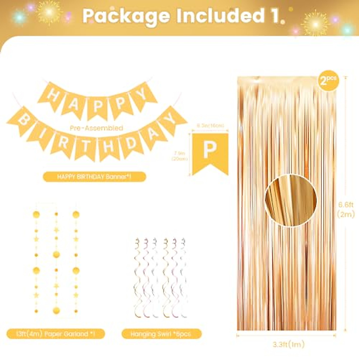 Birthday Decorations for Women Girls | White Gold Birthday Party Decorations | Happy Birthday Decorations | Happy Birthday Banner(Pre-Strung) | Birthday Balloons Arch, Foil Curtain,Hanging Swirl