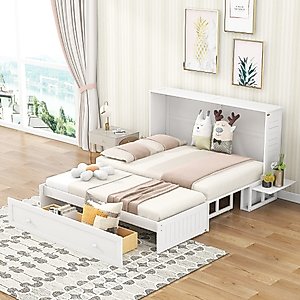 BIADNBZ Queen Size Murphy Bed with Drawer and Little Shelves on Each Side, Wood Versatile Bedframe for Bedroom Guest Room Office, White