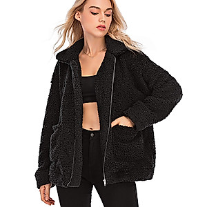 Women's Coat Casual Lapel Fleece Fuzzy Faux Shearling Zipper Coats Warm Winter Oversized Outwear Jackets (Black,XXL)
