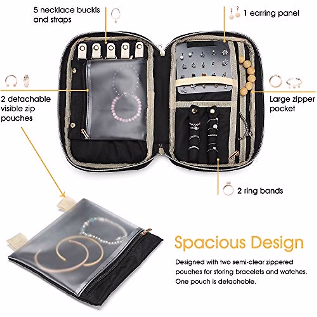 ProCase Travel Jewelry Organizer Case for Women Christmas Valentine's Day Gift, Soft Padded Jewelry Storage Bag Box Carrying Case Pouch for Rings, Bracelet, Earring, Chains, Necklace Holder -Black