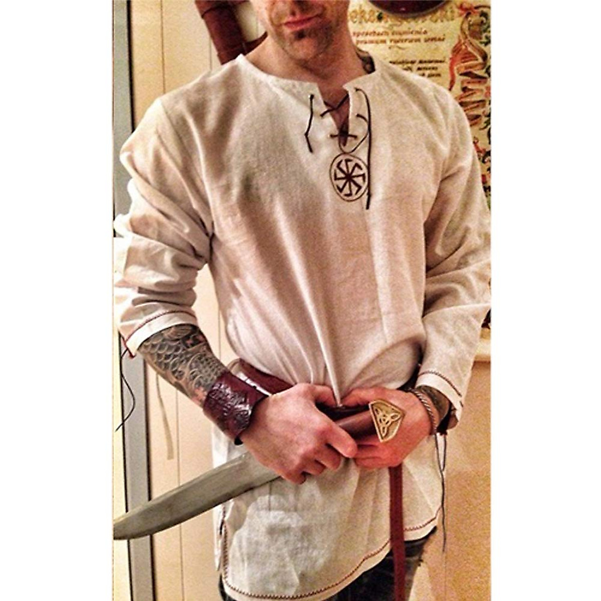 Men's Fashion Cotton Linen Shirt Long Sleeve Solid Color Ethnic Beach Yoga Top Khaki XL