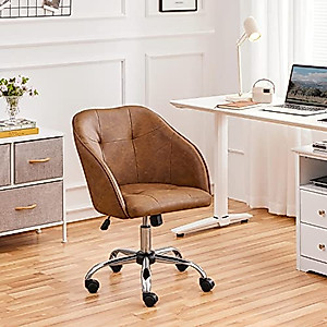 Yaheetech Faux Leather Desk Chair, Makeup Vanity Chair with Adjustable Tilt Angle, Swivel Office Chair Upholstered Armchair Study Chair for Bedroom and Makeup Room Retro Brown